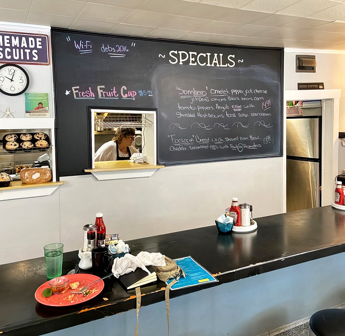 The kitchen window offers a glimpse into the breakfast battlefield, where pancake perfection is achieved one flip at a time.