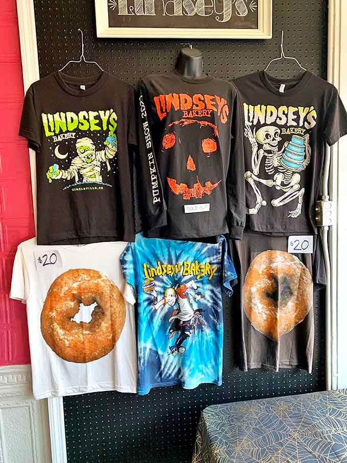Lindsey's merch wall features playfully spooky bakery-themed shirts that transform pastry fans into walking billboards for this beloved Ohio institution.