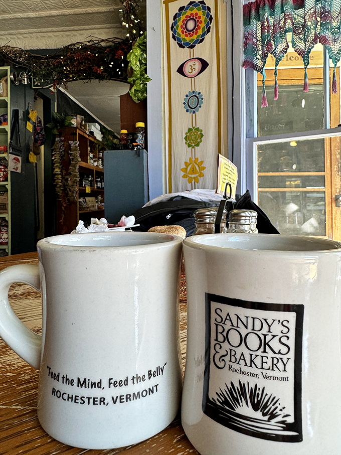 These aren't just mugs &ndash; they're vessels of philosophy, reminding us that nourishment comes in many forms at this literary-culinary haven.
