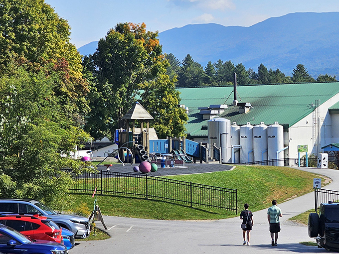Beyond the graveyard, the Ben & Jerry's factory sits nestled in Vermont's rolling hills, a colorful contrast to its memorial garden.