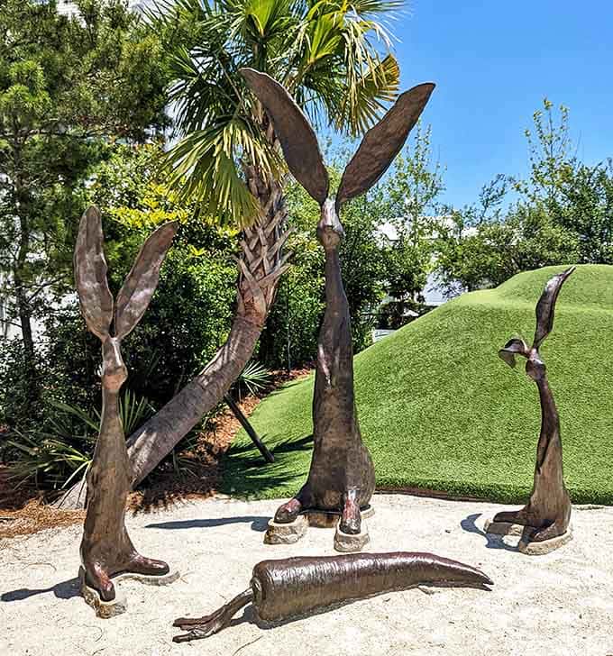 Public art installation: Whimsical bronze rabbits seem ready to hop away, proving that even the art in Alys Beach has a playful sense of humor.