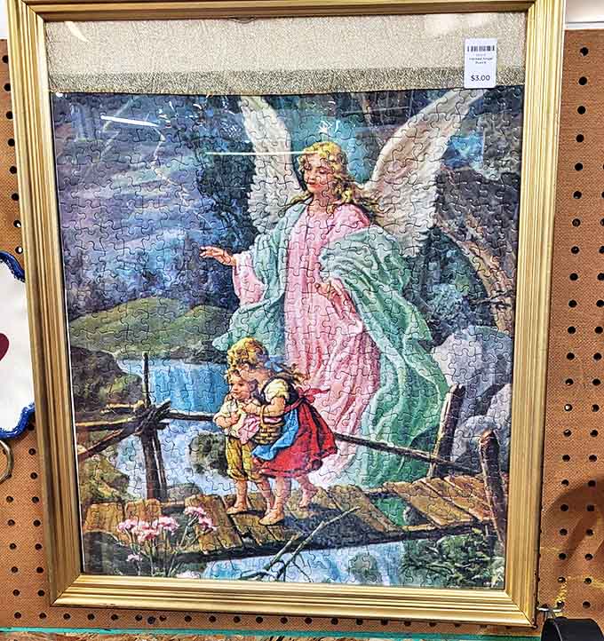 Delicate glassware catches the light on every shelf, from Depression glass treasures to mid-century modern serving pieces.