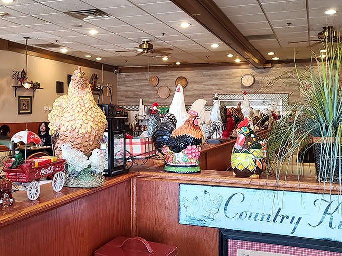 The d&eacute;cor features enough roosters to staff a small farm, all overseeing the breakfast operations with appropriate poultry gravitas.