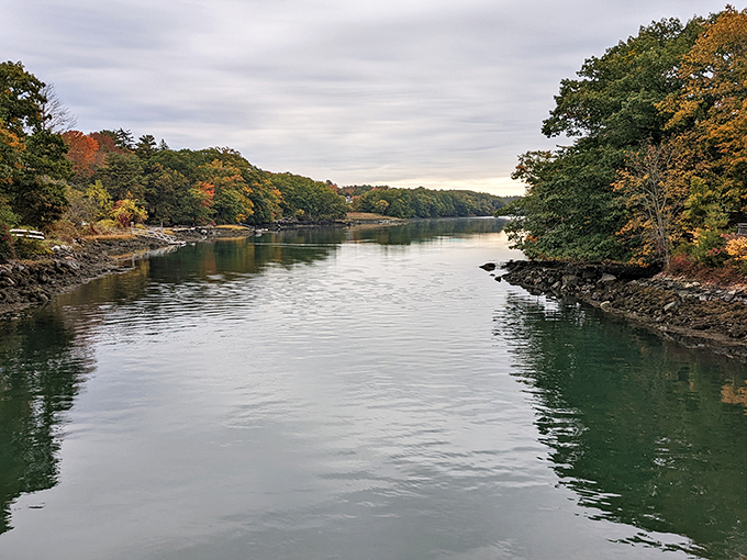 Tranquility defined: where the river meets the trees in a perfect marriage of blue water and fiery foliage.