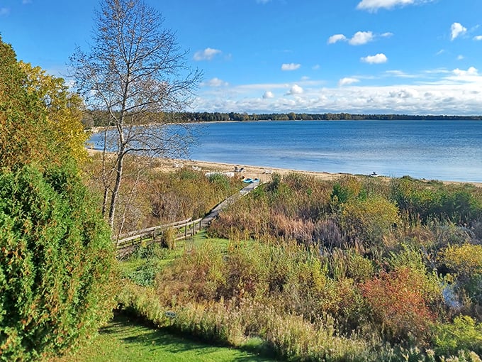Autumn colors frame this peaceful shoreline view, showcasing why fall might be Door County's most photogenic season.