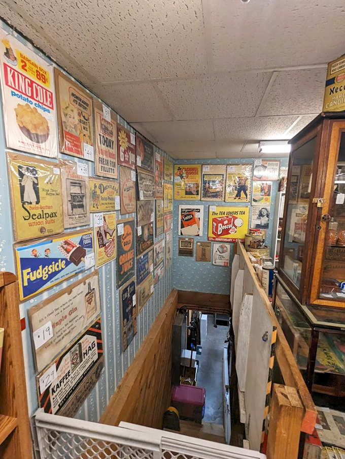 Talk about a blast from the past! This stairway to nostalgia is wallpapered with the ghosts of products past.