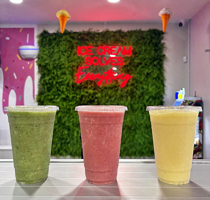 Smoothies in three vibrant hues, backed by the truth we all know: ice cream really does solve everything, especially on hot Florida days.