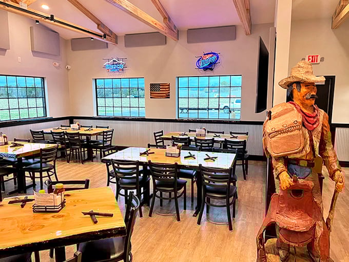 Western meets Wisconsin in this dining area where wooden beams, comfortable seating, and cowboy d&eacute;cor create the perfect ambiance.