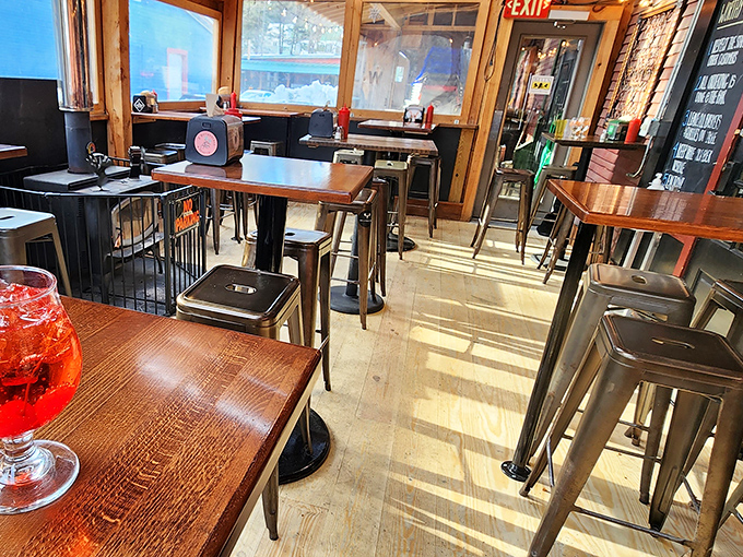 Sunlight streams through windows onto Worthy Burger's simple, functional seating area &ndash; a space designed for the serious business of enjoying exceptional food.