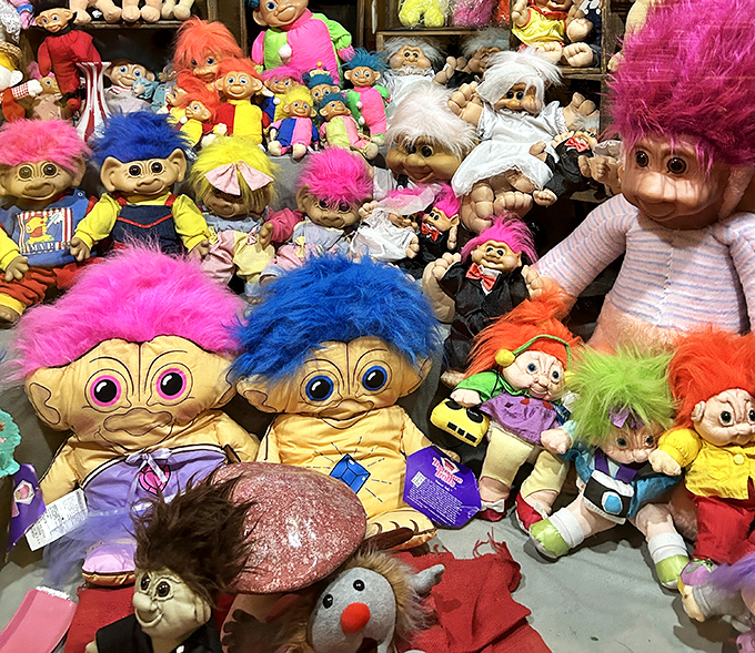 A mountain of troll dolls creates a rainbow explosion of hair that would make any 1990s kid feel right at home.