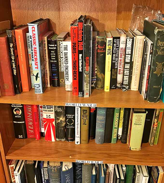 Vintage books line the shelves, their spines promising stories and knowledge from decades past, smelling exactly like history should.