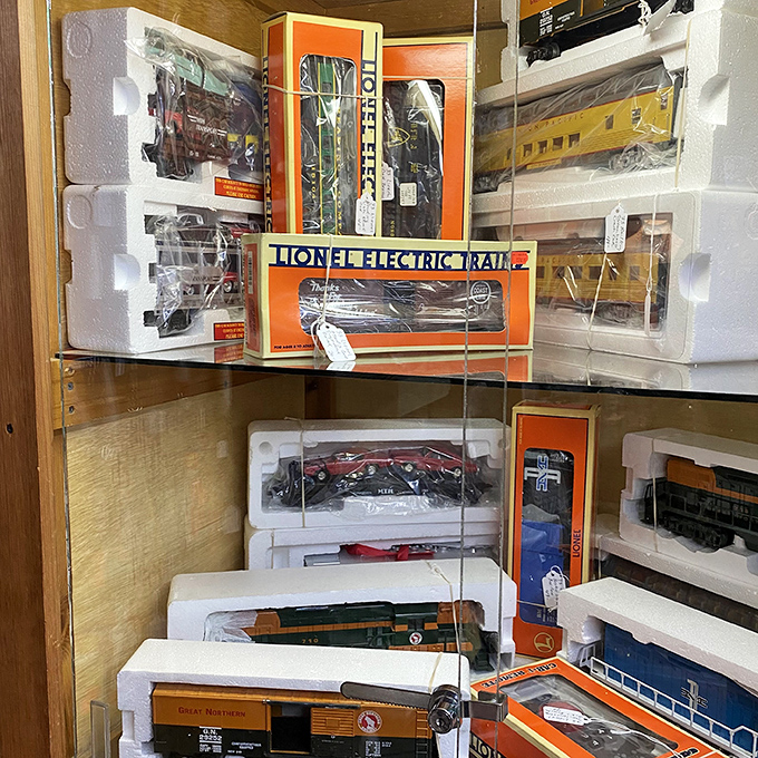 Model train enthusiasts will find their hearts racing faster than these miniature locomotives, with pristine collectibles still in original packaging.