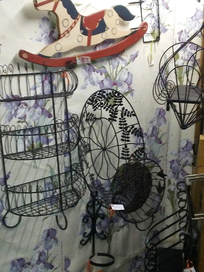 Antique wire baskets hang like industrial art pieces, waiting to organize modern lives with vintage charm and unexpected functionality.