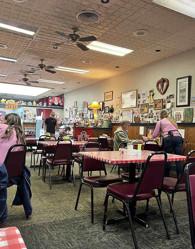 Dining area: Where road-weary travelers become instant friends, sharing stories across booths beneath walls that chronicle America's love affair with the highway.