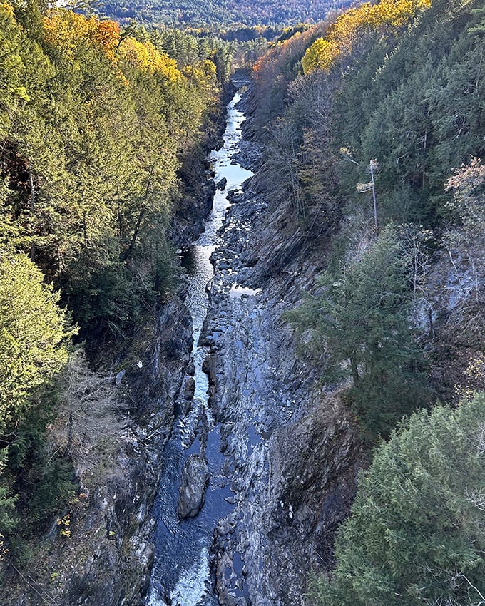The gorge in autumn glory – a 165-foot-deep reminder that Vermont doesn't need mountains to take your breath away.