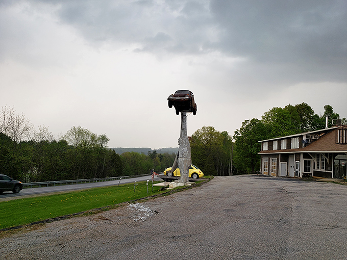 Morning light casts dramatic shadows, highlighting the impressive craftsmanship that went into creating this roadside masterpiece.