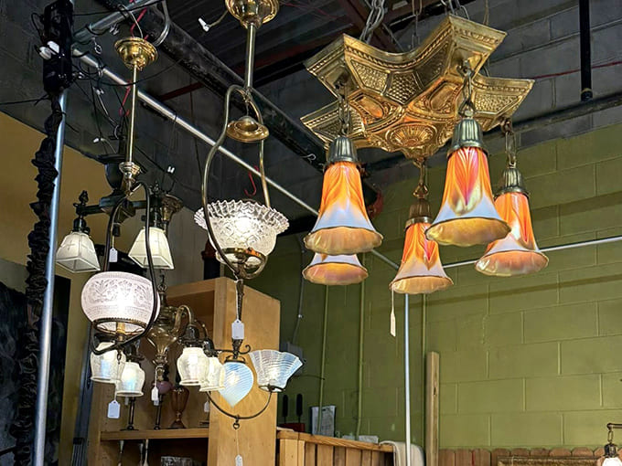 Chandeliers hang like crystallized memories of grand dining rooms and elegant entryways from America's architectural past.