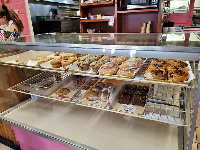 The display case presents a daily dilemma: which of these handcrafted treasures deserves to come home with you? (Correct answer: all of them.)