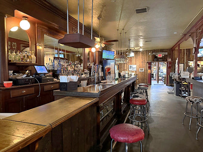 The historic bar area preserves the building's heritage while serving up modern refreshments to parched desert travelers.
