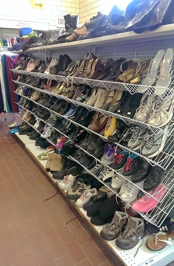 This footwear section holds more sole than a Baptist church, offering everything from practical sneakers to those heels someone wore exactly once before admitting defeat.