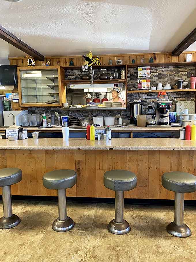 Counter seating offers front-row views of the kitchen action and the perfect spot for solo diners who enjoy a little breakfast theater.