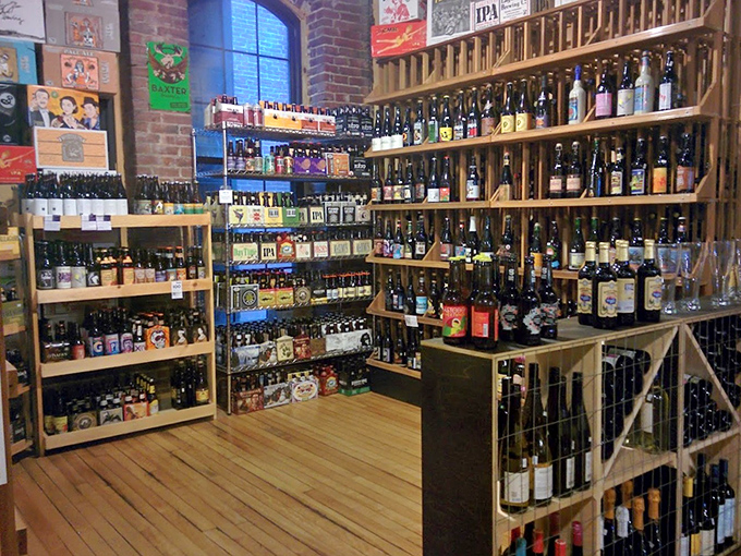 A carefully curated collection of craft brews stands at attention, waiting to accompany your bagels home.