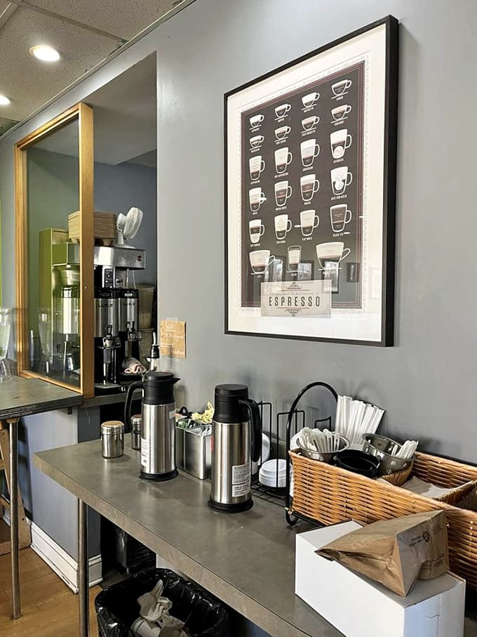 The coffee station setup says "help yourself" while the quality says "we actually care about your caffeine experience."