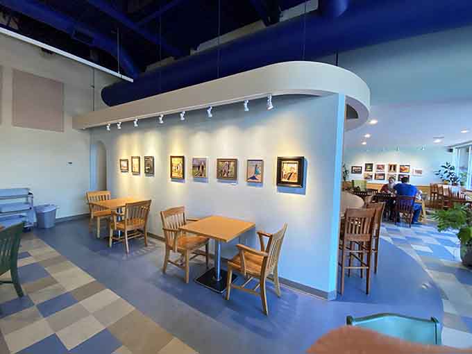 Curved architectural details and rotating local art create visual interest that gives your eyes something to enjoy while your mouth's busy.