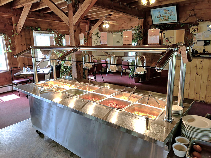 The buffet station stands ready for action &ndash; a gleaming lineup of Eastern delights waiting to comfort hungry souls.