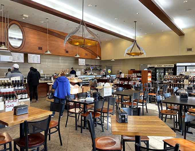 The spacious dining area with its high ceilings and wine displays creates an atmosphere that's both casual and special at the same time.