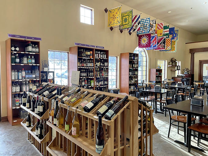 Wine bottles line the walls in organized rows, offering Italian selections from everyday sippers to special occasion splurges.