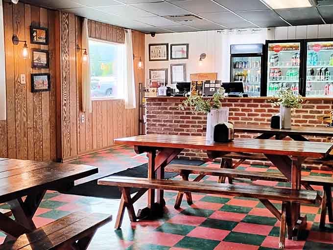 The seating area's mix of wood paneling and vintage memorabilia creates an atmosphere that's comfortable without trying too hard.