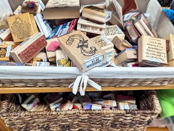 Rubber stamps galore await crafters and scrapbookers, offering vintage designs and quirky images you won't find at chain stores.