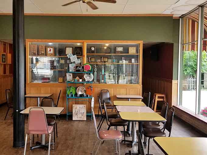 The cozy dining area invites you to sit and savor rather than rushing off to face reality.