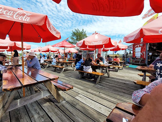The outdoor dining deck at Red's &ndash; where strangers become friends united by the universal language of "mmmmm."