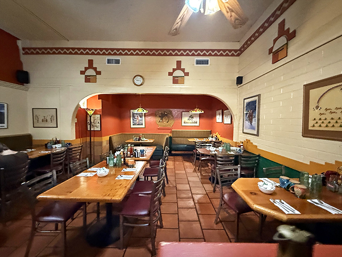 Intimate dining nooks create cozy conversation spaces, with Southwestern architectural details adding authentic regional character to every meal.