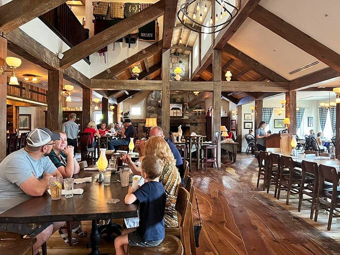Timber-framed magnificence where families and couples create memories over meals, bathed in warm light from vintage fixtures.