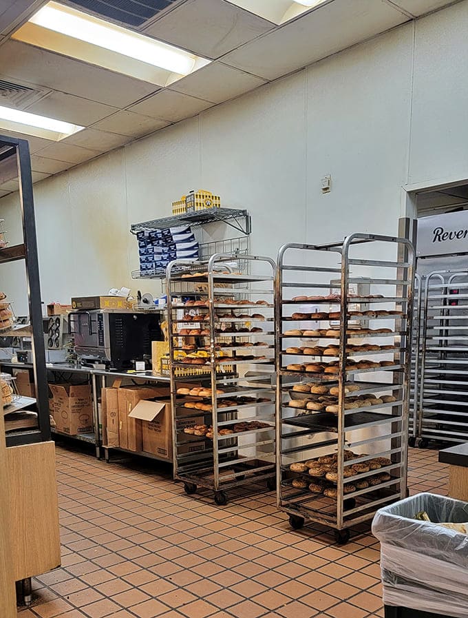 Behind the scenes, racks of freshly baked bagels cool before making their way to hungry customers &ndash; a glimpse into bagel paradise.