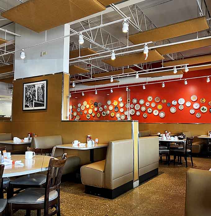 Comfortable booth seating and warm lighting create the perfect environment for a leisurely breakfast with friends or family.