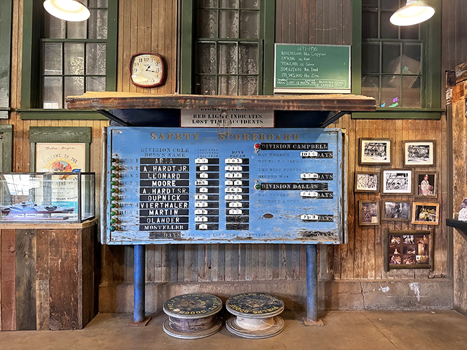 Wall of fame, miner edition: This safety scoreboard proves that in the copper mining world, going days without an accident was the ultimate bragging right.