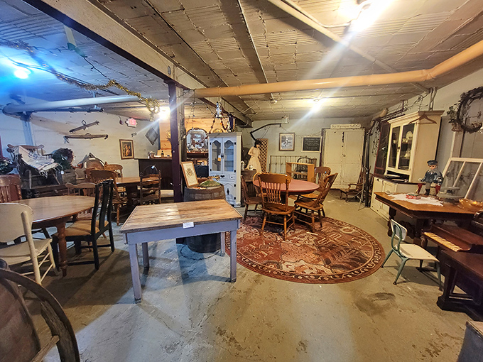 The basement level reveals even more treasures, with vintage furniture arranged in vignettes that help you envision possibilities for your own home. 