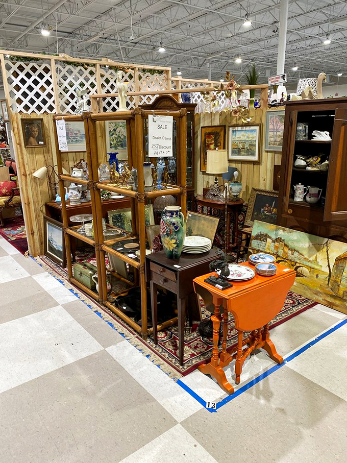 Wooden shelves and vintage displays create a warm, inviting space that feels like browsing through history's finest garage sale