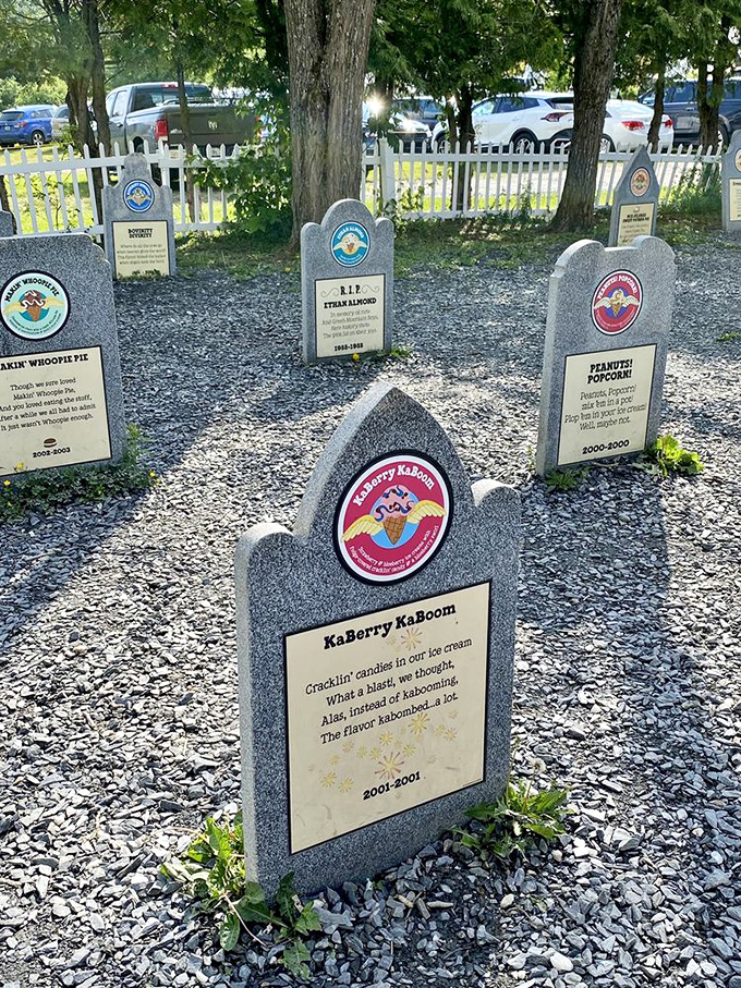 Tombstones mark the final resting place of beloved flavors like "KaBerry KaBoom" and "Peanut Butter & Jelly." Their epitaphs offer closure to grieving fans.