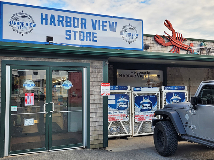 Harbor View Store welcomes hungry visitors with promises of fresh provisions and that iconic red lobster signaling seafood paradise awaits inside.