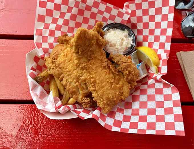 That massive piece of fried fish with golden fries could feed two people or one very happy seafood lover.