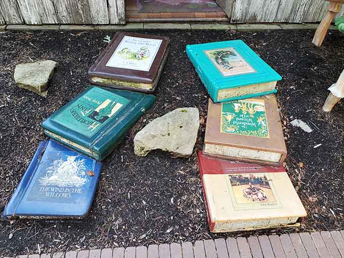 Oversized book sculptures scattered through the garden suggest that the best stories aren't always found on pages but sometimes growing right beneath your feet.