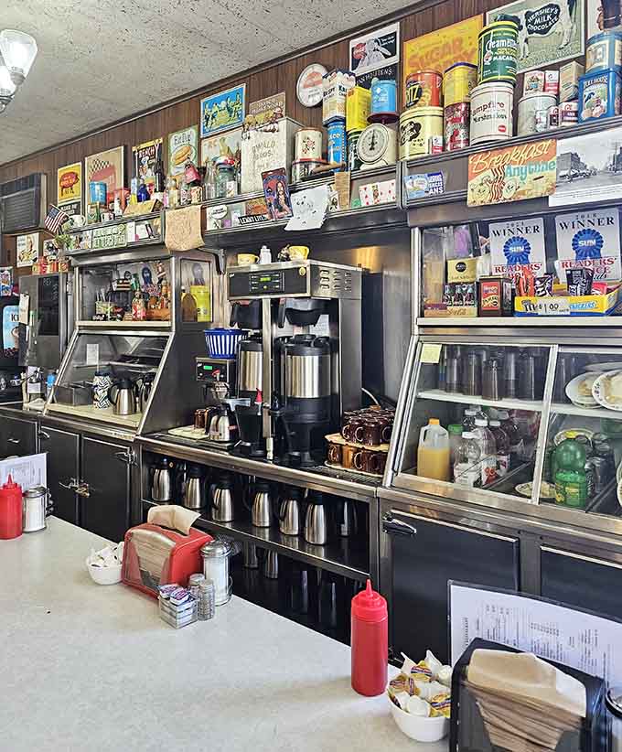 Behind the counter, vintage collectibles and coffee makers work together to create that authentic diner vibe you just can't fake or replicate.