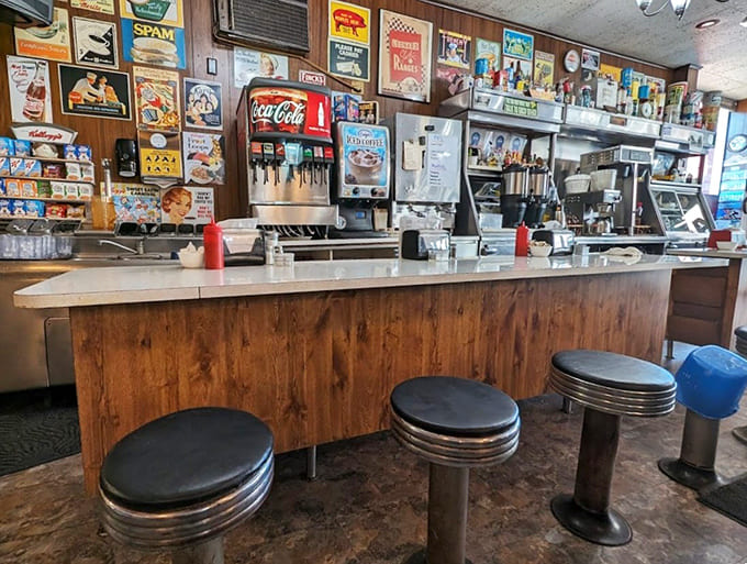 The classic diner counter, where solo diners can watch breakfast magic happen while enjoying their meal.