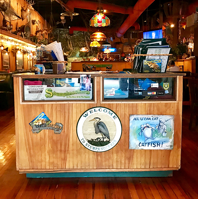 Your gateway to flavor town &ndash; the welcoming entrance promises "All U Can Eat Catfish" and sets the tone for the experience ahead.