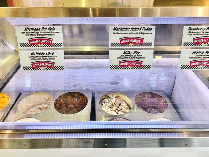 Behind this glass lies frozen happiness in dozens of flavors – from Michigan Pot Hole to Mackinac Island Fudge.